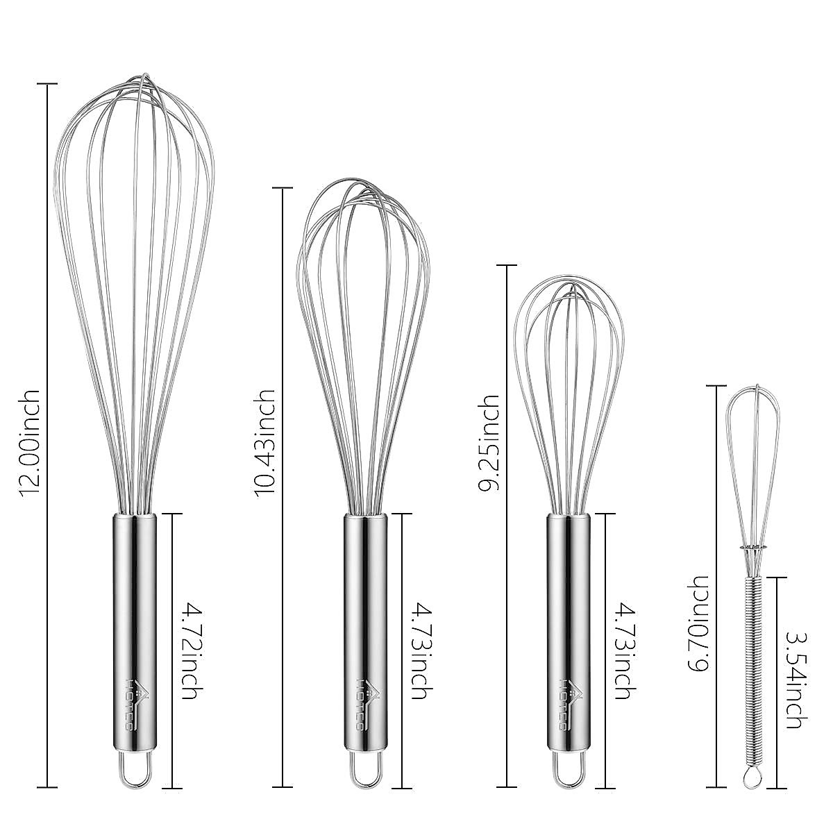 HOTEC 4 Pieces Stainless Steel Whisks Set Wire Whisk Balloon Whisk Egg Beater Kitchen Utensils for Stirring, Beating, Blending