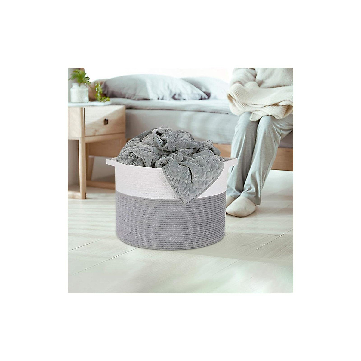 Actume XXXL Cotton Rope Basket 21" X 21" X 14" Decorative Woven Basket, Laundry Baskets for Blanket Toys Towels Nursery Hamper Bin with Handle, Grey White