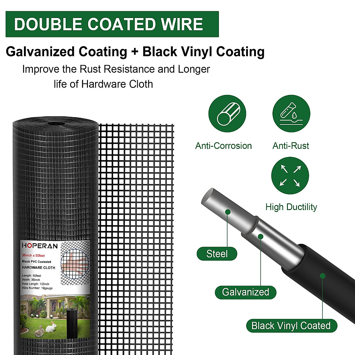 HOPERAN 1/2 inch Black Hardware Cloth, 36 x 50 Ft, 19 Gauge, Black PVC Coated, Welded Wire Mesh Roll for Chicken Coop and Garden Fencing