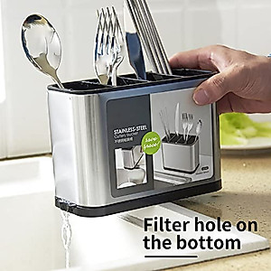 Kitchen Utensil Holder, Stainless Steel Flatware Organizer for Countertop, 4 Divided Utensil Caddy Counter for Spoon, Fork, Spatula (Large)