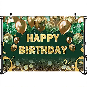 Mocsicka Glitter Green Gold Birthday Backdrop Gold Green Bokeh Balloons Women Men Happy Birthday Banner Decoration Birthday Party Photography Background Photo Backdrop Props (7x5ft)