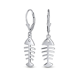 Nautical Vacation Ocean Sea Lever back Drop Dangle Skeleton Fishbone Fish Earrings For Women Teen .925 Sterling Silver