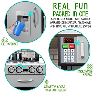 Lil' Jumbl Kids Kitchen Set, Pretend Wooden Play Kitchen, Battery Operated Icemaker & Microwave with Realistic Sound, Pots & Pan Included - Charcoal