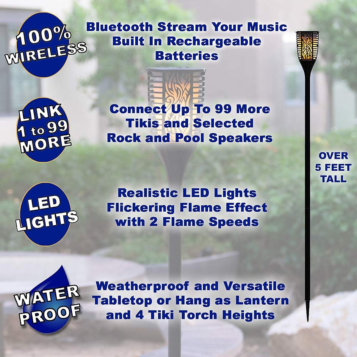 Theater Solutions TT100 Fully Wireless 120 Watt Rechargeable Battery Bluetooth Tiki Torch Speaker 2 Pack Lanterns Link Up to 99 Speakers Wirelessly, Black