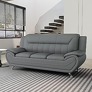 Container Furniture Direct Michael Modern Faux Leather Upholstered Stainless Steel Legs Living Room, Sofa, Sleek Gray