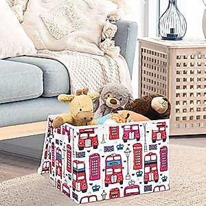 CaTaKu London Bus Cute Storage Bins with Lids Fabric Large Storage Container Cube Basket with Handle Decorative Storage Boxes for Organizing Clothes Shelves