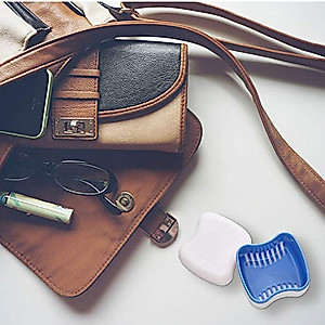 2 Denture Bath Cases Denture Cups with 2 Denture Cleaner Brushes Denture Boxes Dentures Container with Basket Denture Holder Brush Retainer Case for Travel Retainer Cleaning (Blue, Red, Purple)