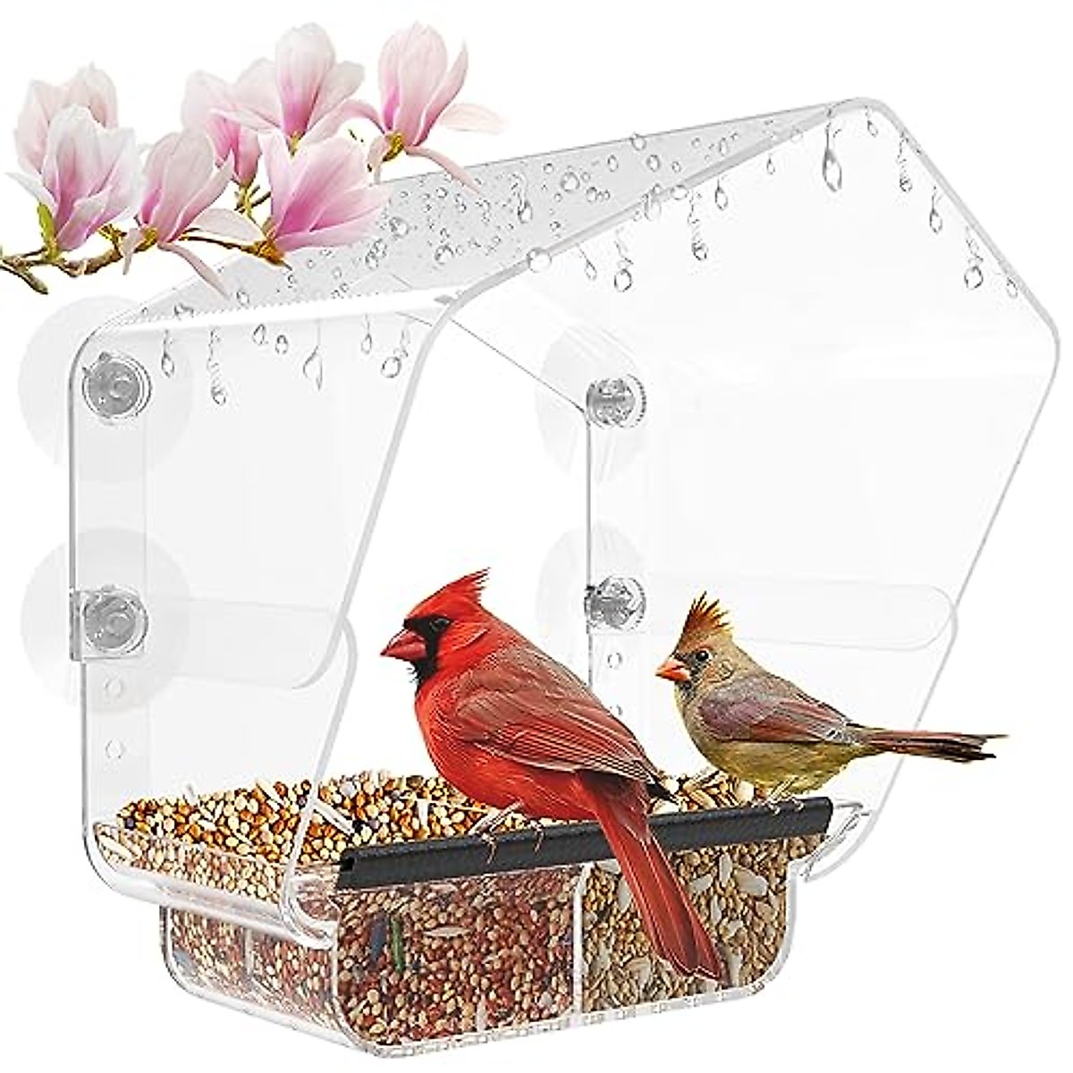 Ermete Window Bird Feeder with Strong Suction Cups, Large View Clear Bird Feeder Window, Adjustable Size Bird Window Feeder with Bird Seed Tray, Rain Proof Window Bird Feeders for Outside (S2)