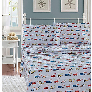 Better Home Style Multicolor Cranes Backhoes Construction Equipment Trucks Fire Engine Design for Kids/Boys 3 Piece Sheet Set with Pillowcase Flat and Fitted Sheets # Crane (Twin)
