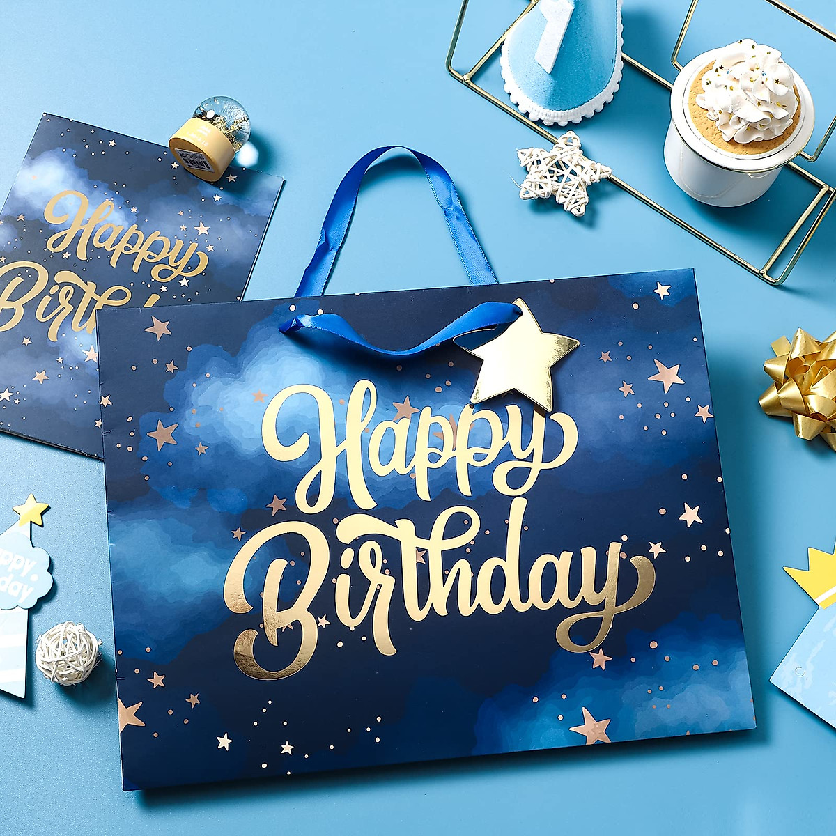 WRAPAHOLIC 13" Large Gift Bag with Card and Tissue Paper - Navy Star Gold Foil Happy Birthday