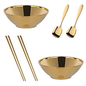 DOBUYOO Japanese Ramen Noodle Soup Bowl Sets,2 Sets (7.09 inch) Gold Double Layer 18/8 Stainless Steel Bowl Sets with Chopsticks and Spoons