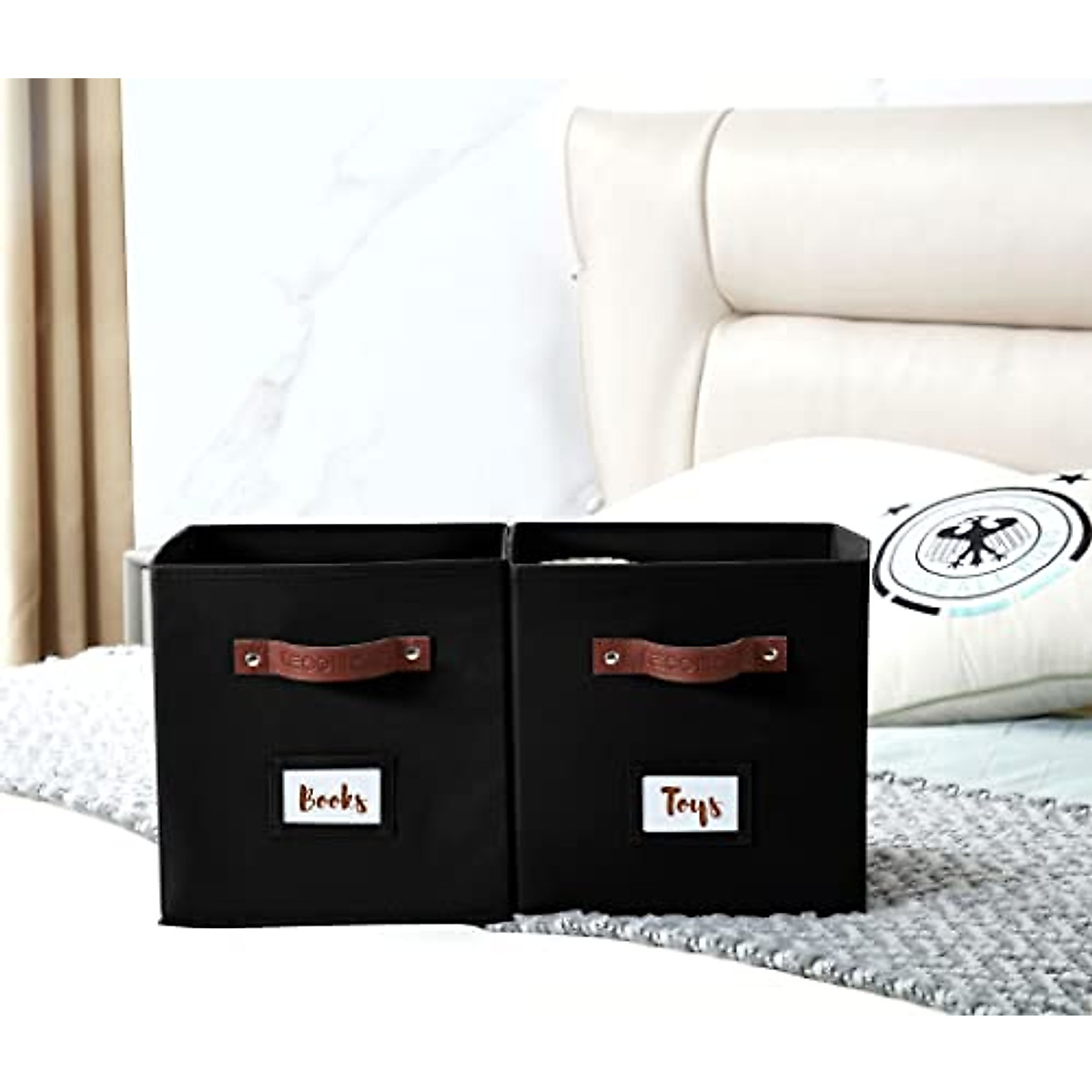 DECOMOMO Storage Cubes with Label Holders Collapsible Storage Bins for Shelves with Faux Leather Handles 11 Inch Cube Storage Bin for Organizers Shelves Closet Toys Clothes (11" / 6pcs, Black)