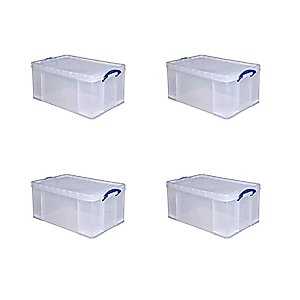 Really Useful Clear Transparent Plastic Storage Box, 64 Liters Features Attached Handles Make It Easy To Carry (Four Pack)