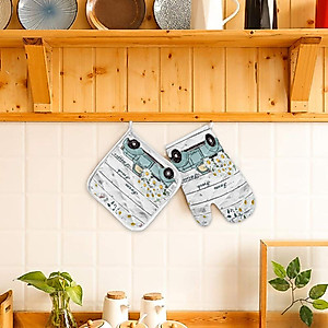 Chic D Kitchen Oven Mitts Gloves and Pot Holders Sets,Truck Farm Fresh Daisies Vintage Heat Resistant Oven Mittens and Potholders Hot Pads Set Non-Slip for Cooking BBQ Baking Grilling