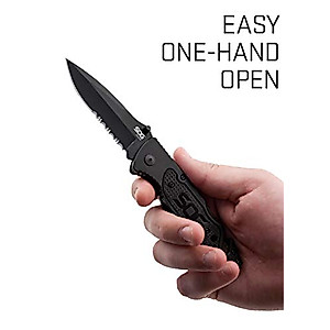 SOG Escape Tactical Folding Knife- 3.4 Inch Serrated Edge Blade Emergency Pocket Knife with Glass Breaker, Wire Stripper and Line Cutter Blades-Black (FF25-CP)
