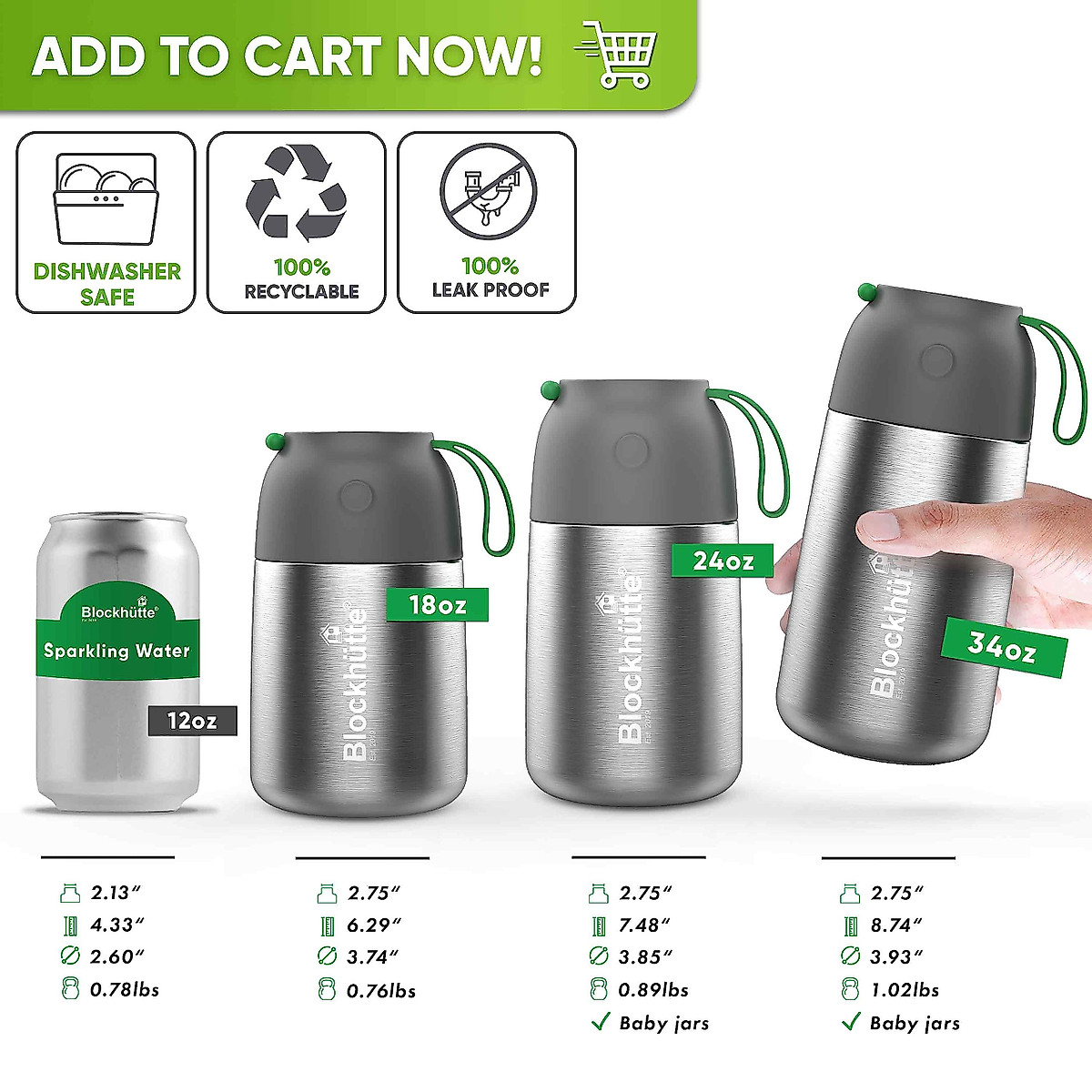 Blockhuette Insulated Food Jar for Adults I 24 oz I with Spork I 14 H hot Food, Stainless Steel Thermos for hot Food, Insulated Lunch Containers, Breakfast Cup, Lunch Boxes Tumbler for food