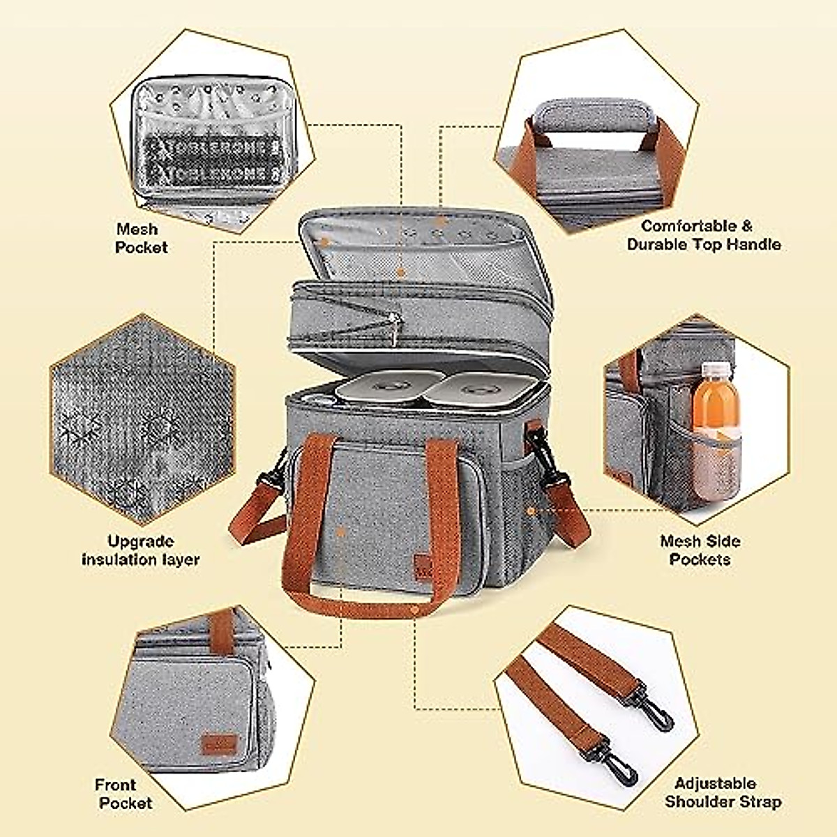 Xexxvre Lunch Box For Men Women,17L Insulated Lunch Bag Women, Expandable Double Deck Lunch Cooler Bag,Lightweight Leakproof Lunch Tote Bag, Suit For Work Travel Grey Light gray