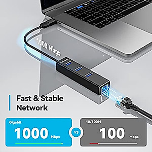 TECKNET USB to Ethernet Adapter, USB C to Ethernet, Aluminum 3 Port USB 3.0 Hub with RJ45 10/100/1000 Gigabit Ethernet Adapter Converter LAN Wired, USB Network Adapter with USB C Adapter for Laptop