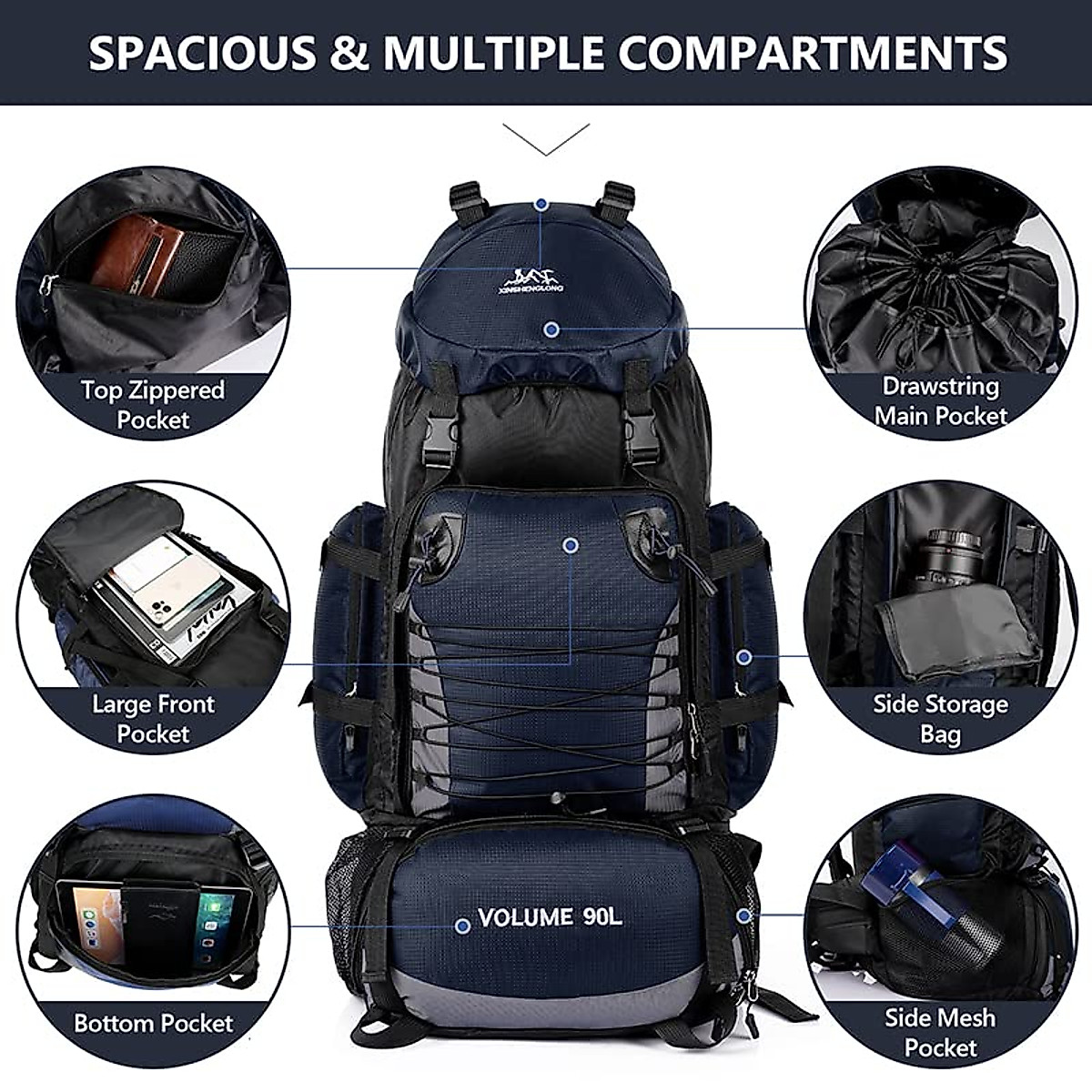 Waterproof Hiking Backpack 90L, Camping Backpack with Rain Cover, High Performance Hiking Mountaineering Backpack (deep blue)