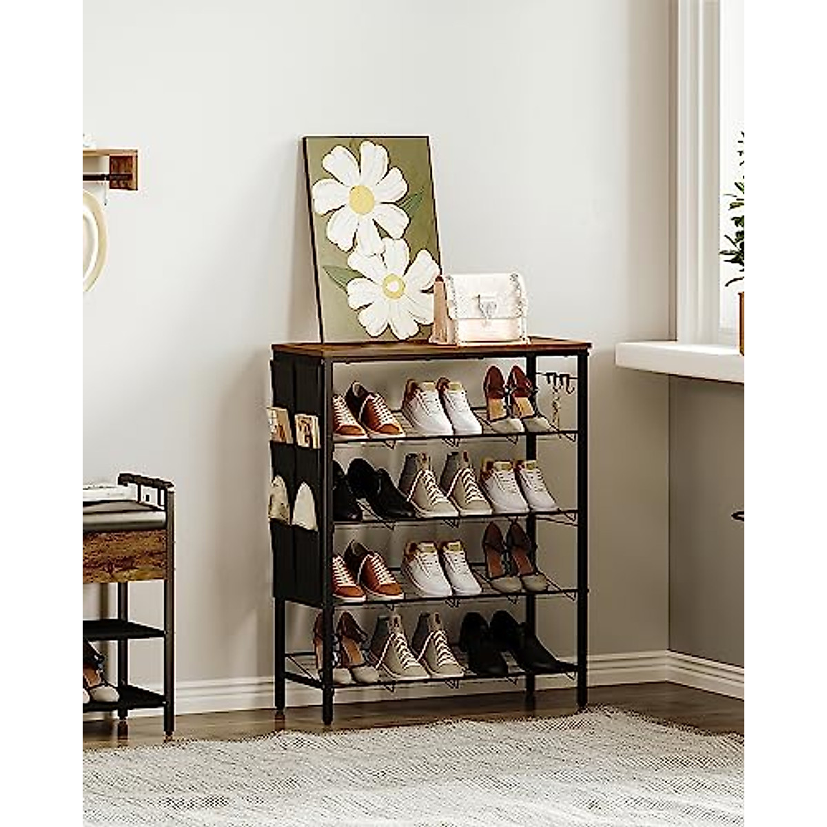 Hzuaneri 5 Tier Shoe Rack, Free Standing Shoe Storage for Entryway, Adjustable Shoe Organizer Shelves with 1 Side Pocket and 2 Hooks, Steel, Industrial, Rustic Brown and Black SR04101B