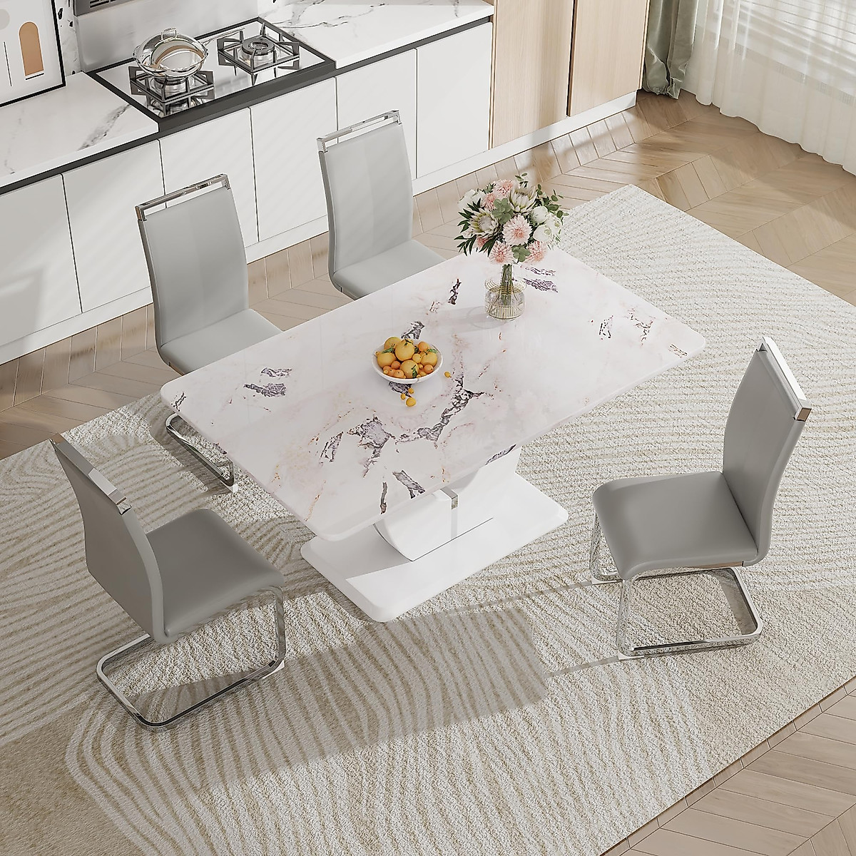 Pvillez White Dining Table Set for 6,Faux Marble Kitchen Table Set,63" Dining Room Table Set with Chairs,Modern Dinner Table Set with Marble Grain Top,7 Piece Dining Table Set