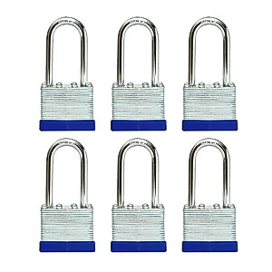 LanuBe Laminated keyed Padlock (1-9/16", 40mm), keyed Alike Locks, Long Shackle,Marked Blue Plastic Hoop, Pack of 6…