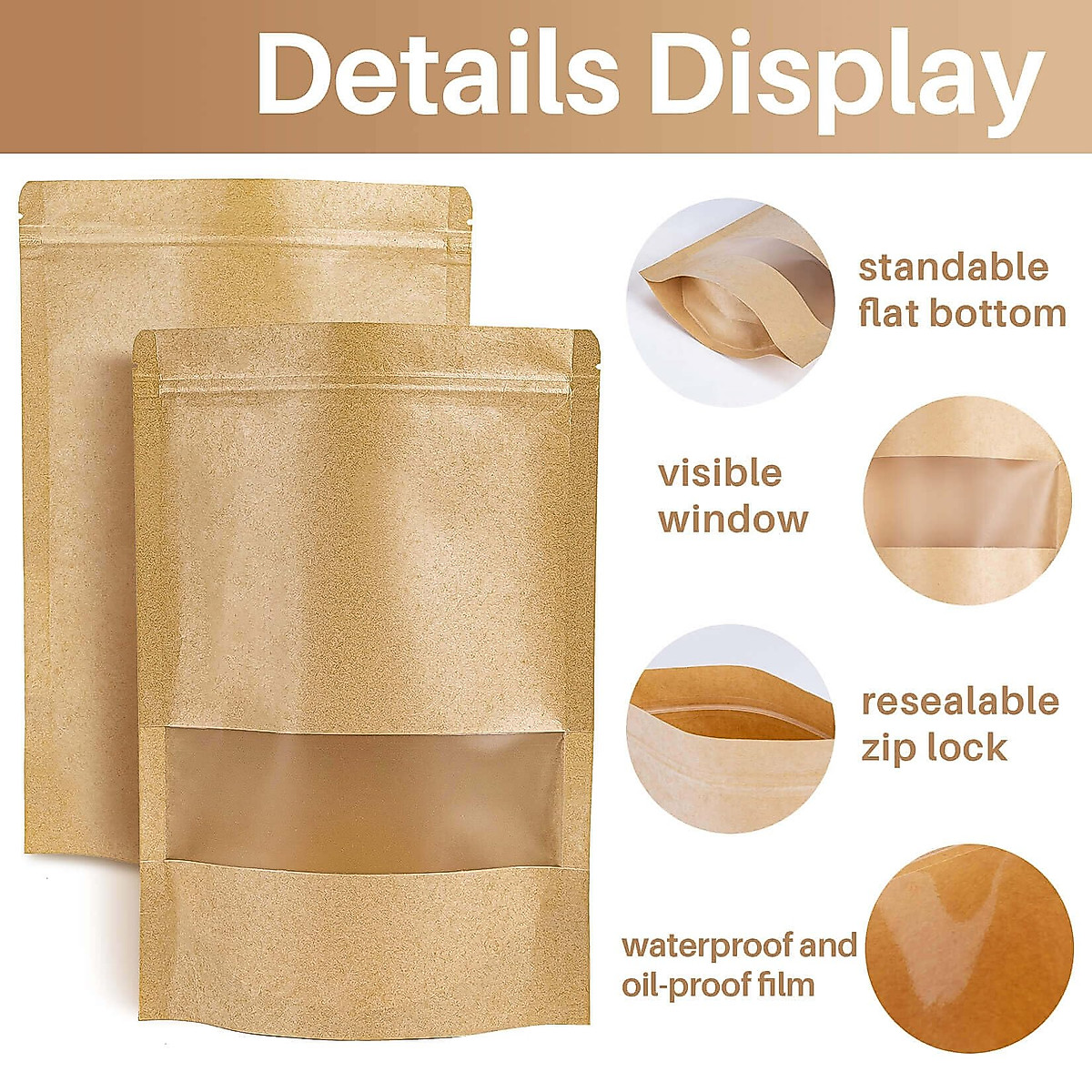 MAQIHAN 24 Stand Up Pouches Bags - 7"×10" Resealable Ziplock Kraft Paper Bags with Window Food Packaging Homemade Bagel Bread Cookie Candy Tea Herb Spice Coffee Jerky Dog Treat Bags Small Business