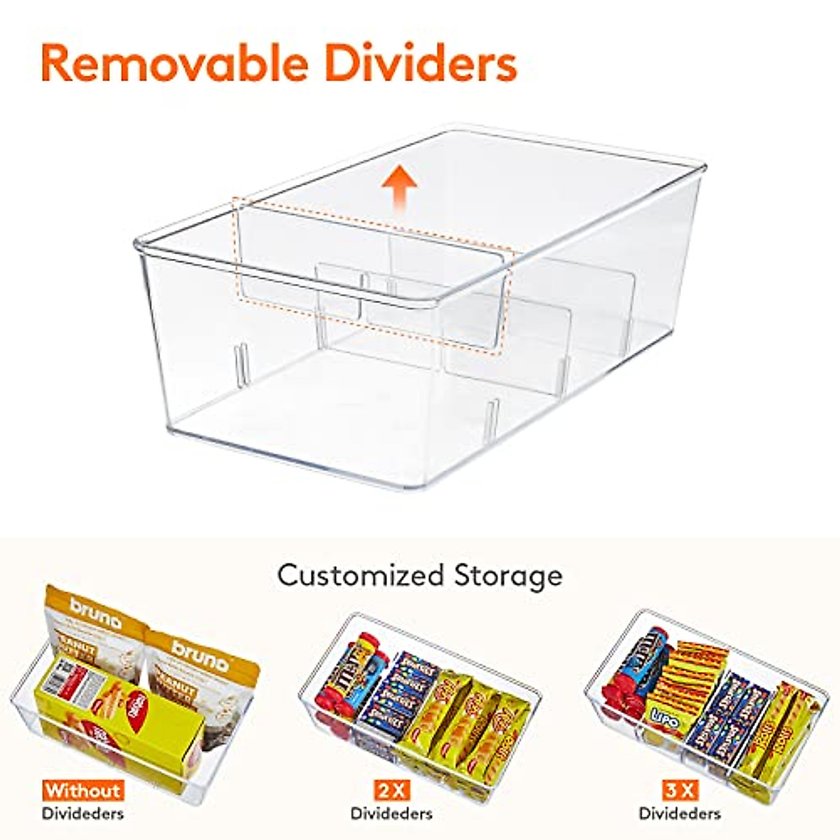 Lifewit 4Pcs Plastic Food Storage Organizer Bin Box, Hold with 3 Dividers for Tea Bags, Snacks, Packets, Pouches, Spices, Ideal for Pantry, Kitchen, Fridge, Cabinet Organization, BPA Free, Clear