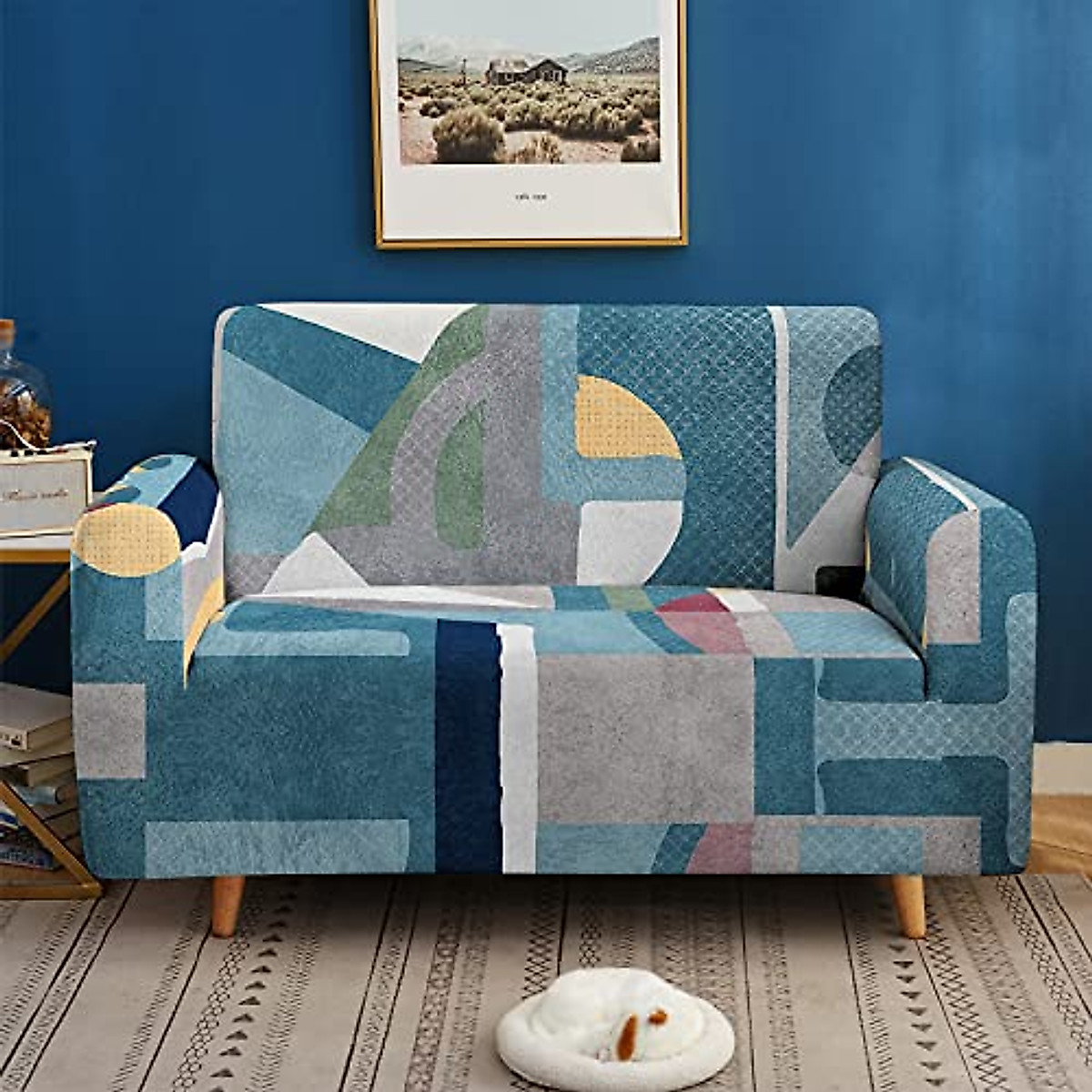 HOSIMA Geometric Irregularity Sofa Covers for 4 Cushion Couch,Blue and Grey X-Large Couch Slipcover,Printed Stretch Washable X-Large Slipcover Furniture Protector for Living Room,X-Large(93-118 inch)