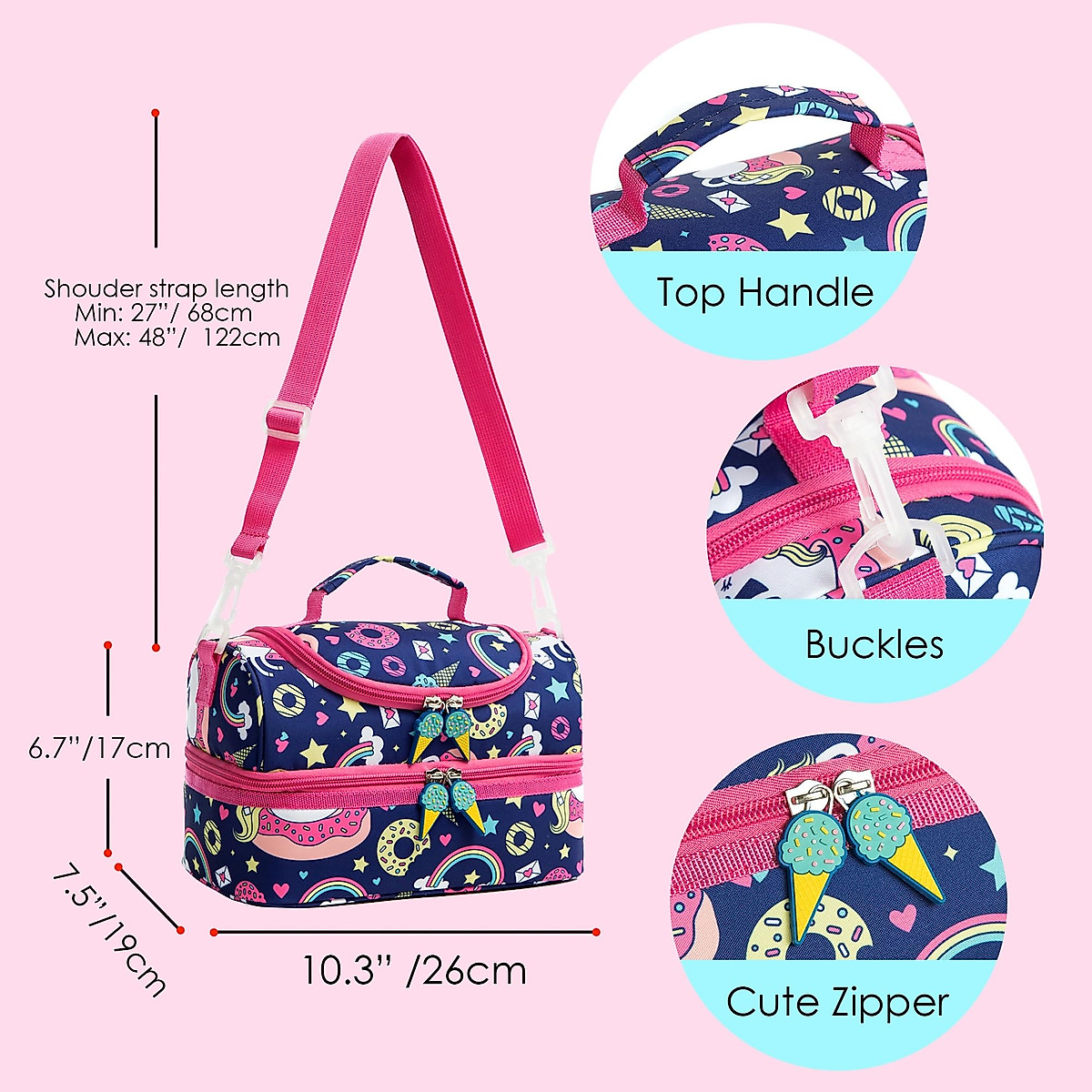 Life on track Insulated Kids Double Decker Lunch Bag Tote Pack for Girls Boys Toddler School Picnic Food Cooler Hot Water Ice with Strap (Blue Unicorn)