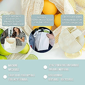 Reusable Grocery Bags Set of 12, 100% Cotton Plain Cloth Blank Canvas Heavy Duty Bag Bundle, With Handles for Shopping, Produce, Farmers Market, Include 3 Small, 3 Medium, 3 Large Mesh Bags, 3 Tote