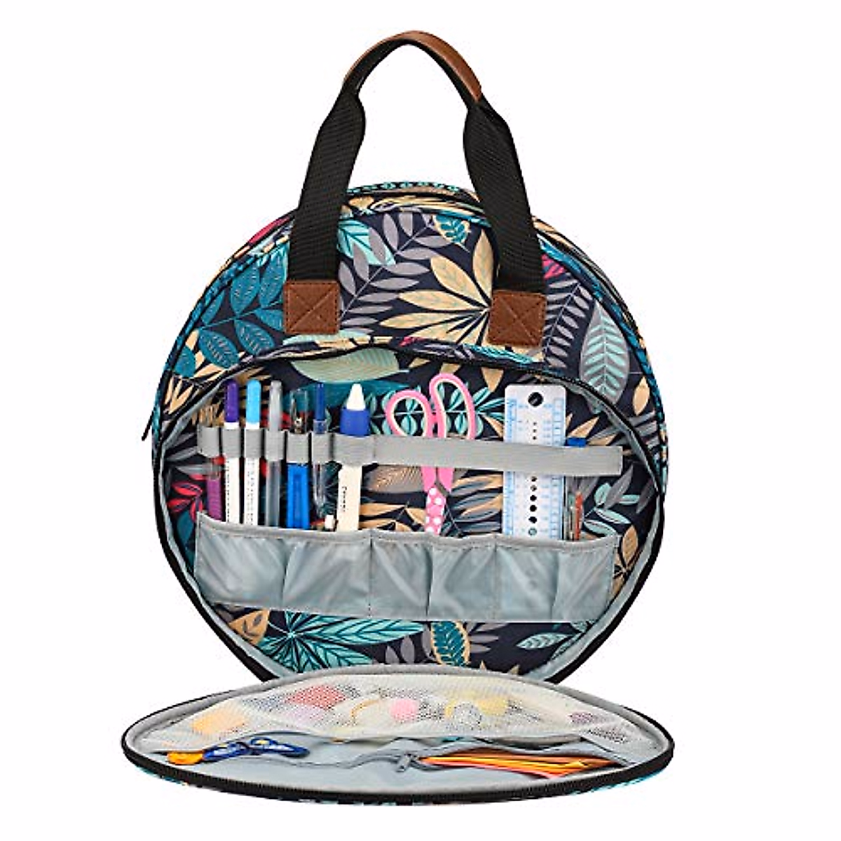 Embroidery Project Bag,Portable Travel Tote Carrying Bag for Crochet Hooks, Knitting Needles,Cross Stitch Tools Kits,Floss,Yarn Storage (Bag Only) (Blue Leaf)