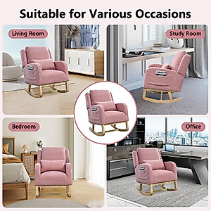 NIOIIKIT Nursery Rocking Chair, Modern High Back Armchair with Side Pockets, Glider Rocker with Padded Seat, Lumbar Pillow and Wood Base, Accent Chair for Living Room, Bedroom (Pink Teddy)