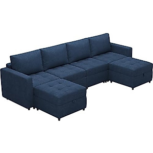 Belffin Fabric Modular Convertible Sectional Sofa U Shape Pull Out Couch with Ottomans 6 Piece Sofa Sectional Set Sleeper Couch with Double Reversible Chaises and Storage for Living Room Blue
