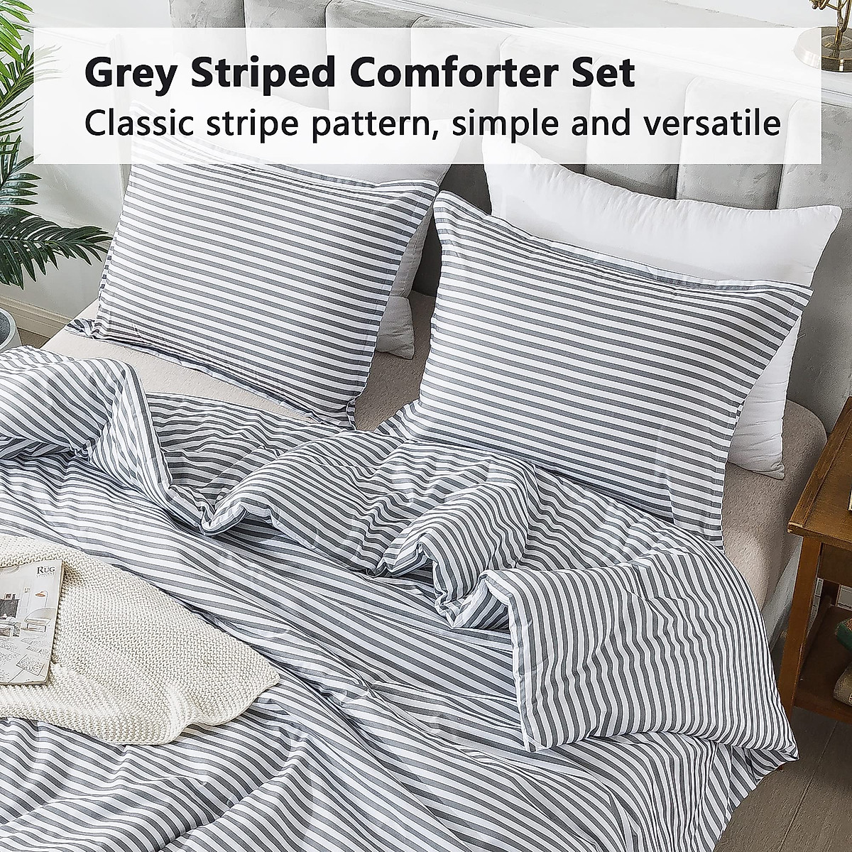 Andency Striped Comforters Queen Size Set Gray, 3 Pieces Grey Bedding Comforter Sets for Queen Bed, Soft Lightweight Fluffy Down Alternative Bed Set for Boys Men All Season