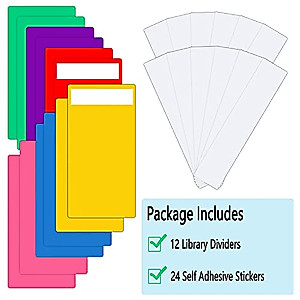 12 Packs Library Book Dividers for Shelves with Stickers, 6"x 12" Assorted Colored Bookshelf Markers to Organize School Library OR Home Library, Classroom and Teacher Supplies