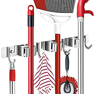 Piyl Mop Broom Holder Wall Mount Heavy Duty Hooks Hanger 17” Stainless Steel Organizer for Home Laundry Bathroom Kitchen Garage Garden Utility Tools Rack Storage Durable