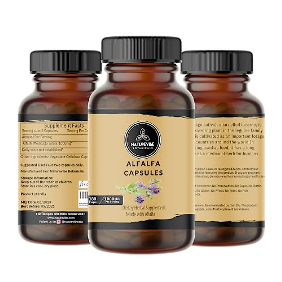Naturevibe Botanicals Alfalfa Capsules Premium 180 Veg Capsules | 1000mg Per Serving | Nutritionally Abundant | Made with Pure Herb Alfalfa Powder
