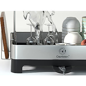 Genteen Extra Grey 360° Swivel Spout Replacement and Large Dish Drying Rack with Drainboard Set Black
