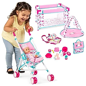 Best Choice Products Kids 15-Piece 13.5in Newborn Baby Doll Nursery Role Play Playset w/Stroller, Travel Cot, Play Mat, Travel Bag, Carrier, Seat, Accessories