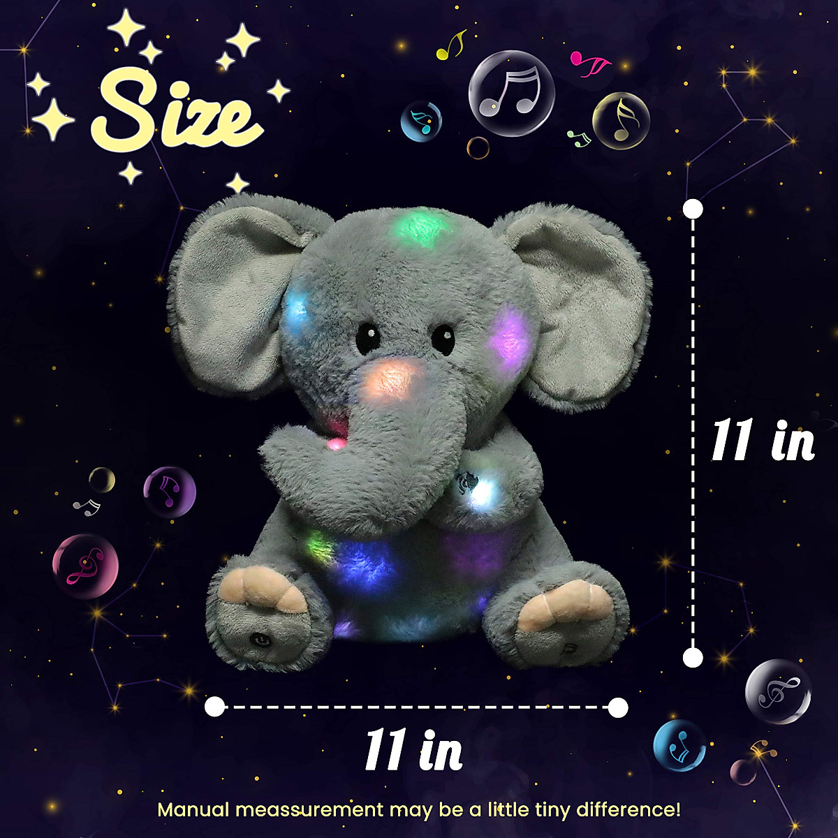 Hopearl LED Musical Stuffed Elephant Lighting Up Singing Plush Toy Adjustable Volume Lullaby Animated Soothe Birthday Festival for Kids Toddler Girls, Gray, 11''