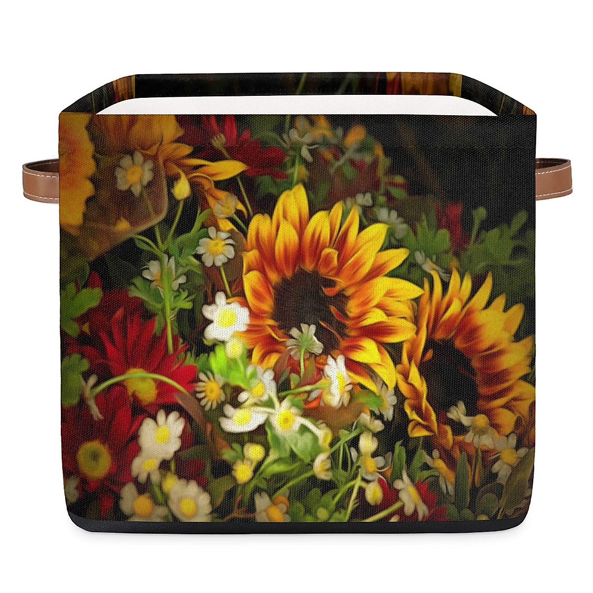 AUUXVA Storage Cube Bin Sunflower Floral Art Painting Large Storage Cube Basket 13×13In, Collapsible Storage Bin With Handles, Fabric Storage Box For Closet Shelves Nursery Toys Home Organization