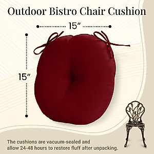 downluxe Bistro Chair Cushions for Patio Furniture, Water-Resistant Round Outdoor Chair Cushions Set of 4 with Non-Slip Ties, 15" x 15", Burgundy