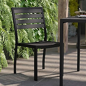 Flash Furniture Lark Outdoor Stackable Side Chair with Gray Wash Faux Teak Poly Slats, Set of 2