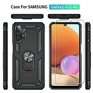 Anvzle for Samsung Galaxy A32 4G [Not Fit A32 5G] Case with [2 Pack] Tempered Glass Screen Protector, Galaxy A32 4G Heavy Duty Armor [Military-Grade] Protective, with Magnetic Ring Stand Cover (Black)