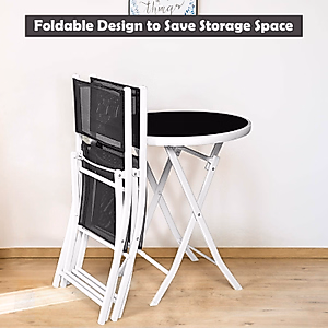 Tangkula 3 Pieces Folding Patio Bistro Set, No Assembly Required, Outdoor Folding Chairs & Table Set with Tempered Glass Tabletop, Outdoor Furniture Set for Garden, Poolside & Backyard (Black)