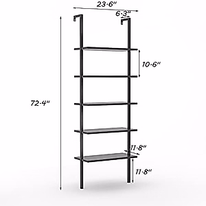 Furmax 5-Shelf Bookcase Wall Mount Bookshelf Modern Ladder Shelves with Wood Board and Industrial Metal Frame, for Home Office, Living Room, Bedroom, Entryway and Hallway (Black)