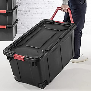 Generic 40 Gallon Plastic Wheeled Industrial Storage Bin Tote Organizing Container With Durable Lid and Secure Latching Buckles , Stackable and Nestable Snap Lid Plastic Storage Bin, 2 Pack, Black With Red Buckle