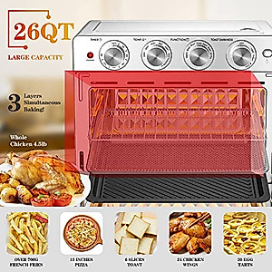 Geek Chef Air Fryer, 6 Slice 26QT/26L Air Fryer Fry Oil-Free, Extra Large Toaster Oven Combo, Air Fryer Oven, Roast, Bake, Broil, Reheat, Convection Countertop Oven, Accessories Included, Stainless Steel