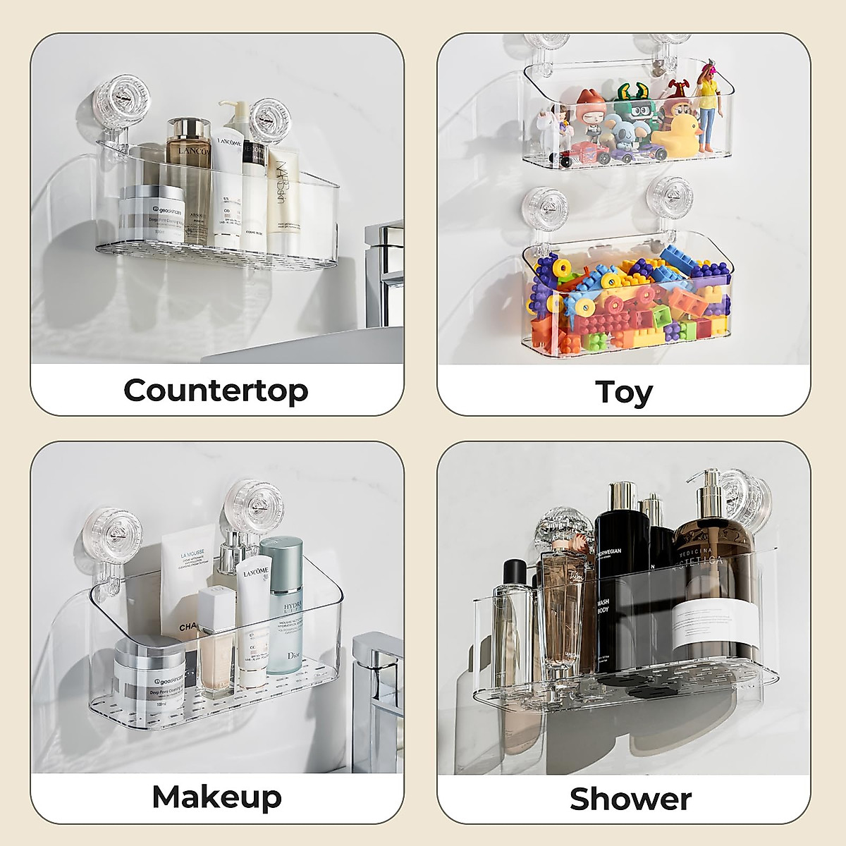 DEEIF Clear Shower Caddy Suction Cup Shower Organizer Basket Wall Mounted, Suction Bathroom Shower Shelf for Inside Shower (Large)